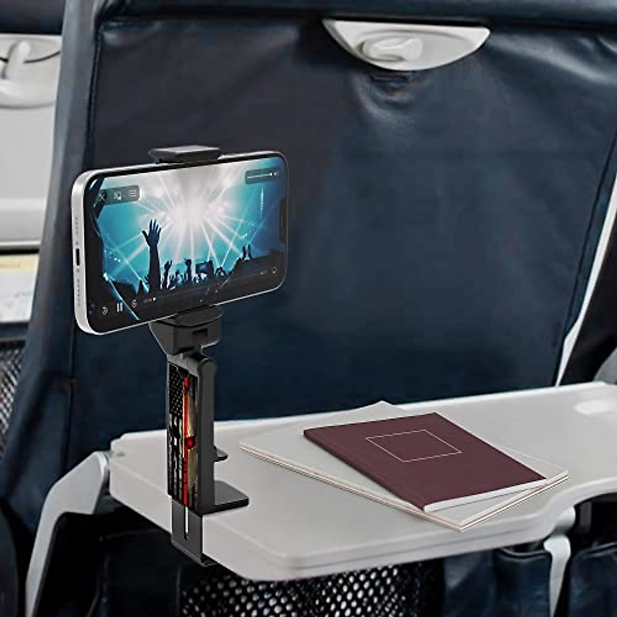 Travel Accessories, Universal Seat Back Tray Table Hands Free Phone Clip Holder, Adjustable Pocket Size Airplane Travel Essentials Compatible with iPhone and Android American Flag Spartan Skull