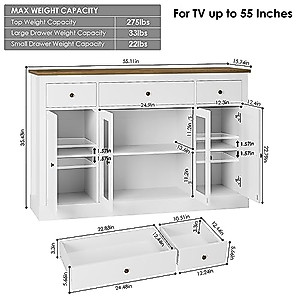 HOSTACK Sideboard Buffet Cabinet with Storage, 55" Large Kitchen Buffet Storage Cabinet with Drawers and Glass Doors, Modern Farmhouse Coffee Bar Cabinet, Wood Buffet Table Dining Room Cabinet, White