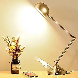 Architect Gold Desk Lamp Dimmable with USB Port, Adjustable Touch Control Vintage Desk Lamp 3 Color Modes, Brass Metal Desk Lamp Retro Style Reading Light for Home Office Desk Bedside Table