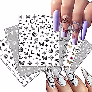 Starry Sky Series Nail Stickers for Nail Art - 3D Self Adhesive Nail Decals Black White Butterfly Star Moon Nail Design Stickers Constellation Meteor Decals DIY Nail Decorations for Women, 6Sheets