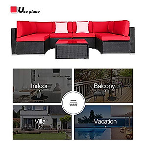 Excited Work 7 PCs Outdoor Patio Furniture Sets PE Rattan Wicker Sofa Sectional Furniture Set with 2 Pillows and Tea Table (Red)