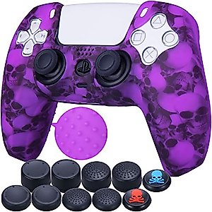 9CDeer 1 Piece of Silicone Transfer Print Protective Cover Skin + 10 Thumb Grips for PlayStation 5 / PS5 Controller Skulls Purple
