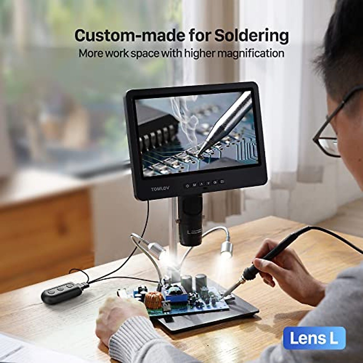 TOMLOV DM602 HDMI Digital Microscope with 3 Lens, Soldering Microscope with 10.1 Inch Screen, LCD Coin Microscope Full View, 2K Video Microscope for Adults, Biological Slide Microscope, 64GB