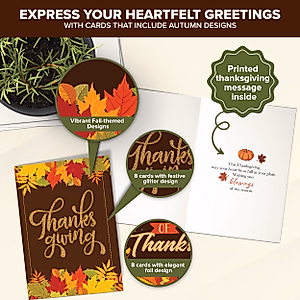 Decorably 40 Pack Foiled & Glittery Happy Thanksgiving Cards with Envelopes & Stickers - 10 Designs with Printed Message Inside Thanksgiving Greeting Cards with Envelopes, 4x6in Thanksgiving Cards Pack