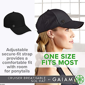 Gaiam Women's Baseball Cap - Classic Womens Ball Cap with Breathable Sol Design to Keep Cool in Summer, Cute Baseball Caps for Women with Ponytail Holder & Premade Bill for Built-In SPF, Black