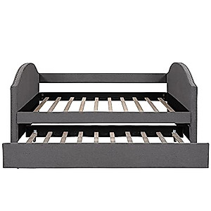 HSBD Full Size Daybed with Trundle, Modern Upholstered Day Bed Linen Fabric Sofa Daybed Frame with A Roll-Out Trundle, No Box Spring Needed, Furniture for Bedroom Living Room Guest Room