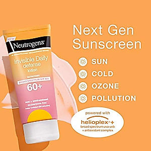 Neutrogena Invisible Daily Sunscreen Lotion, Broad Spectrum SPF 60+, Oxybenzone-Free & Water-Resistant, Sun or Environmental Aggressor Protection, Antioxidant, 3 Fl Oz (Pack of 1)