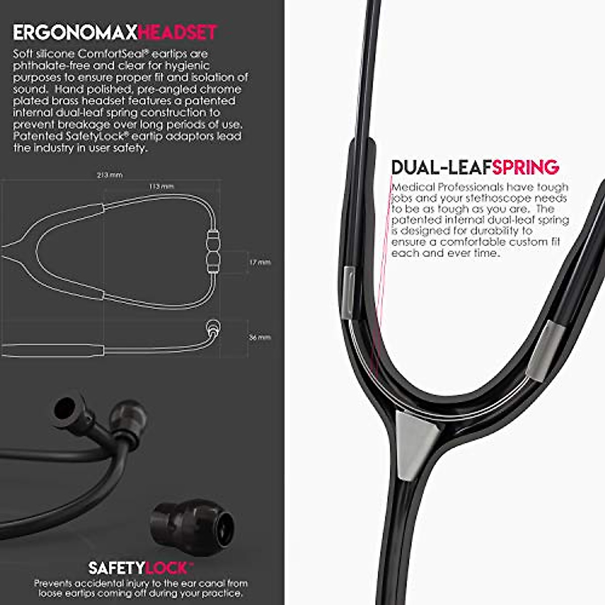 MDF Acoustica Lightweight Stethoscope for Doctors, Nurses, Students, Home Health Use, Adult, Dual Head, Black Tube, Black Chestpiece-Headset, MDF747XPBO