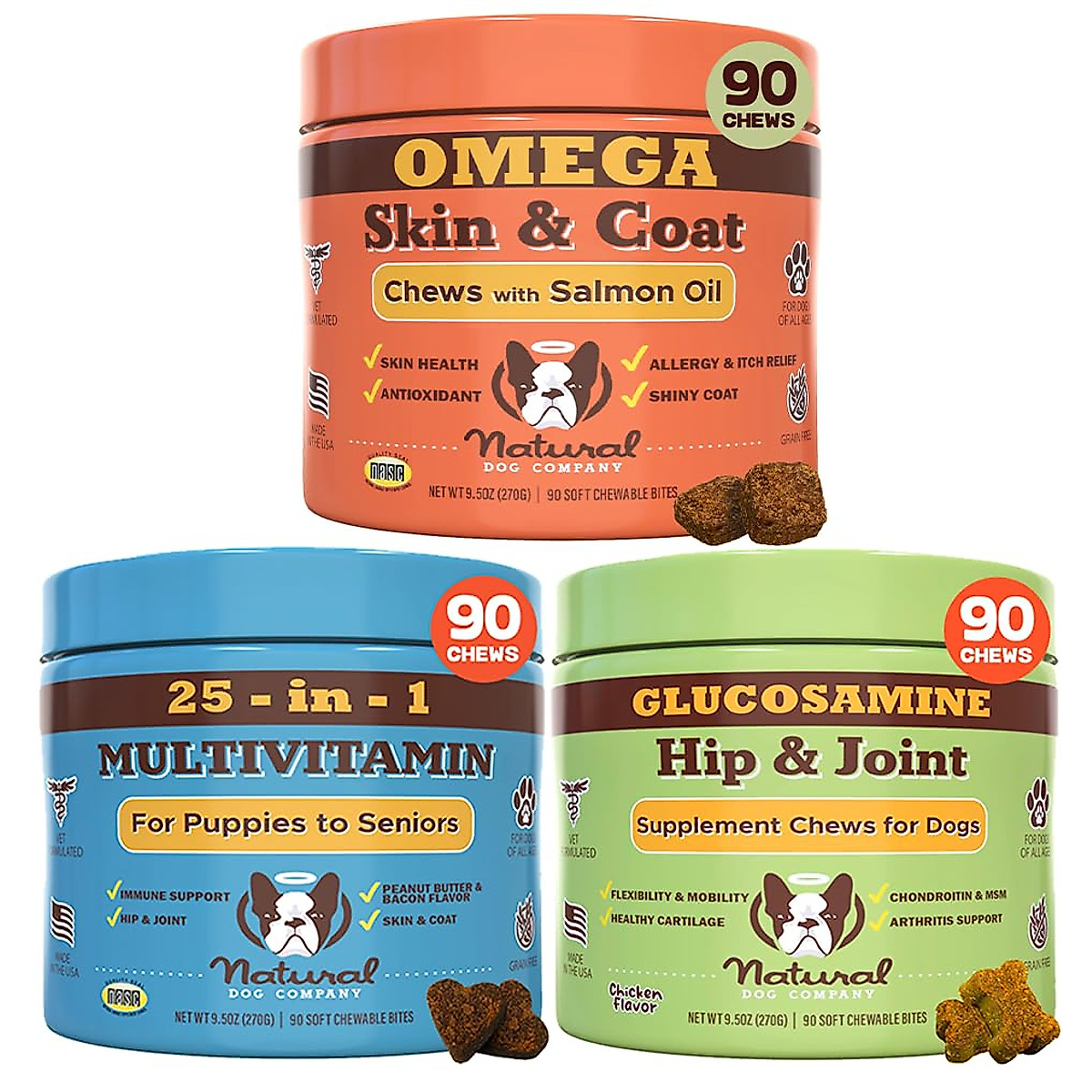 Natural Dog Company Ultimate Dog Health Bundle - Multivitamin, Skin & Coat, Hip and Joint Supplement Chews - Supports Immune System, Reduces Shedding, Enhances Mobility for Dogs of All Ages and Breeds