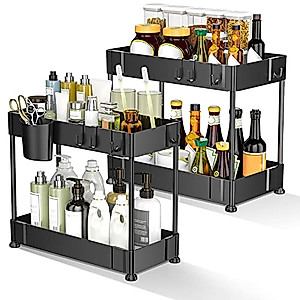 2 Pack Under Sink Organizer, 2 Tier Under Sink Organizers and Storage Bathroom Organizer Countertop, Under Sink Storage Under Cabinet Organizer for Bathroom Kitchen Countertop and Cabinet