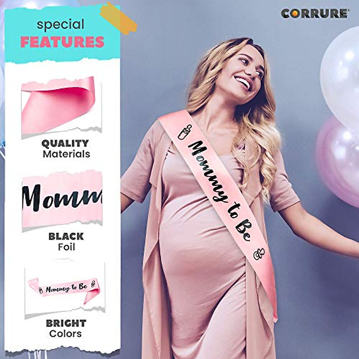 CORRURE Baby Shower Sash for Girl - 'Mommy to Be' Sash With Beautiful Pink Ribbon and Black Foil Text - Ideal Gender Reveal, Baby Shower, Welcome Baby, Mom to Be or Baby Sprinkle Gift