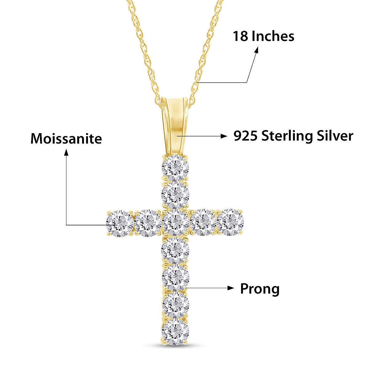 SAVEARTH DIAMONDS 1 Carat Round Cut Lab Created Moissanite Diamond Cross Pendant Necklace In 14k Yellow Gold Plated 925 Sterling Silver With 18" Chain (VVS1 Clarity, 1.00 Cttw)