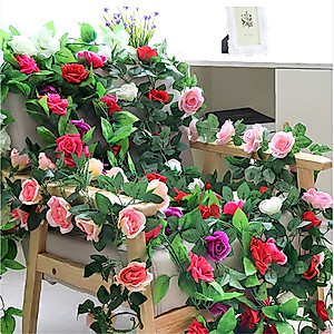 MOASIS 6 Pack 47 FT Artificial Plastic Silk Flowers Hanging Vines Colorful Lifelike Rose Ivy Home Hotel Office Wedding Party Garden Craft Art Decor Red ... (Purple Rose)