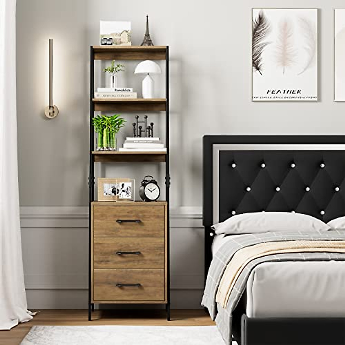 HITHOS 4-Tier Bookshelf, Tall Bookcase with 3 Wooden Drawers, Modern Ladder Book Shlef Storage Organizer for Living Room, Entryway, Office, Rustic Brown