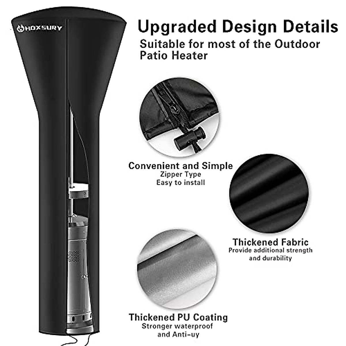 HOXSURY Patio Heater Cover Outdoor Waterproof 94IN 420D Heavy Duty Standup Round Oxford Covers for Outdoor Heaters Weatherproof Propane Heater Covers for Outdoor Garden Treasure Black
