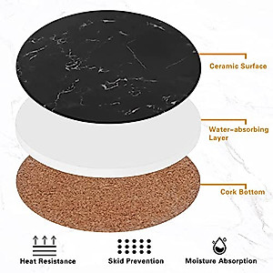 Drink Coasters with Holder Absorbent Ceramic Coasters Set of 6 Black Marble Style, 4 Inches Suitable for Kinds of Cups and Outdoor Picnic