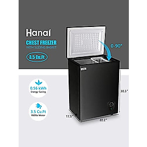 Chest Freezers Compact Mini Deep Freezer WANAI 3.5 Cu.Ft Free-standing Top Door Room Dorm Office Garage Freezer with 7 Adjustable Temp Control Removable Basket for Apartment Basement Business Rmovable Storage Basket for Home, Kitchen and Office, Black wit