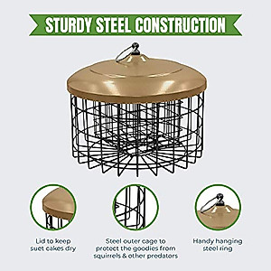 MEKKAPRO Bird Feeder Squirrel Proof with Hanging Metal Roof, Bird Feeder for Outside Wild Birds, Two Suet Capacity, Very Adaptable and Easy to Use Wild Bird Feeder, Caged Design