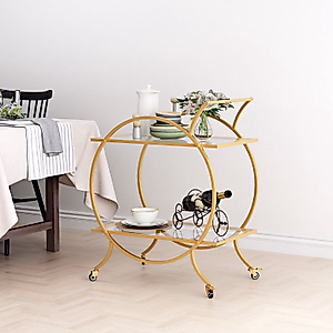 LORMITER Gold Bar Carts for The Home Bar Serving Cart, Rolling Bar Cart Gold with Lockable Caster Wheels, Glass Bar Carts with 2 Mirrored Shelves, Storage Round Wine Carts for Kitchen, Party