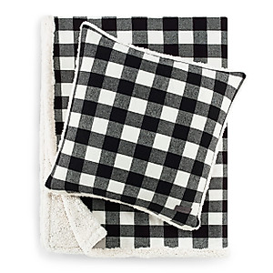 Eddie Bauer Throw Blanket with Pillow Reversible Flannel/Sherpa Bedding, Buffalo Plaid Home Decor for All Seasons, 2 Piece Set, Black/White Check