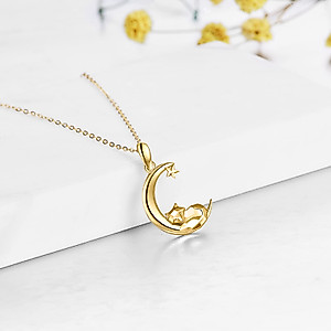ELFRONT 14K Solid Gold Fox Necklace Pendant for Women,Simple Origami Style Moon Fox Necklace Birthday Gifts Jewelry for Women