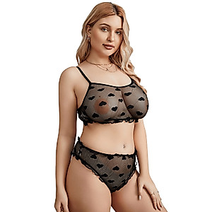SOLY HUX Women's Mesh Sheer See Through Lingerie Set Sexy Lace Bra and Panty 2 Piece Black