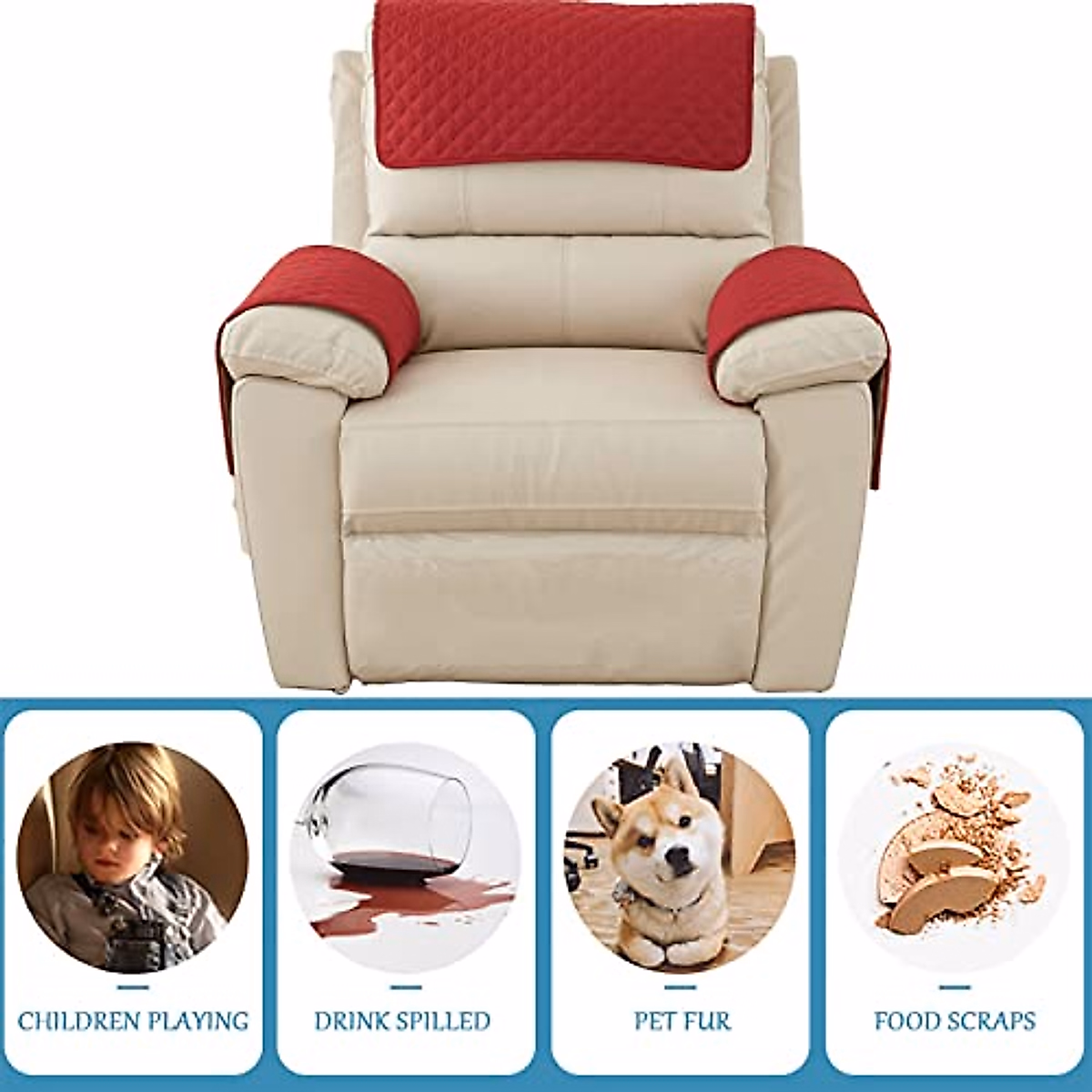 EXTLEZSA Water Proof Sofa Armrest Cover, 1/2/3 Seater Sofa Headrest Slipcovers with Pocket Nonslip Armchair Cover Quilted Furniture Protector for Recliner Leather Sofa Couch (Red,2 Seat 4 pc)