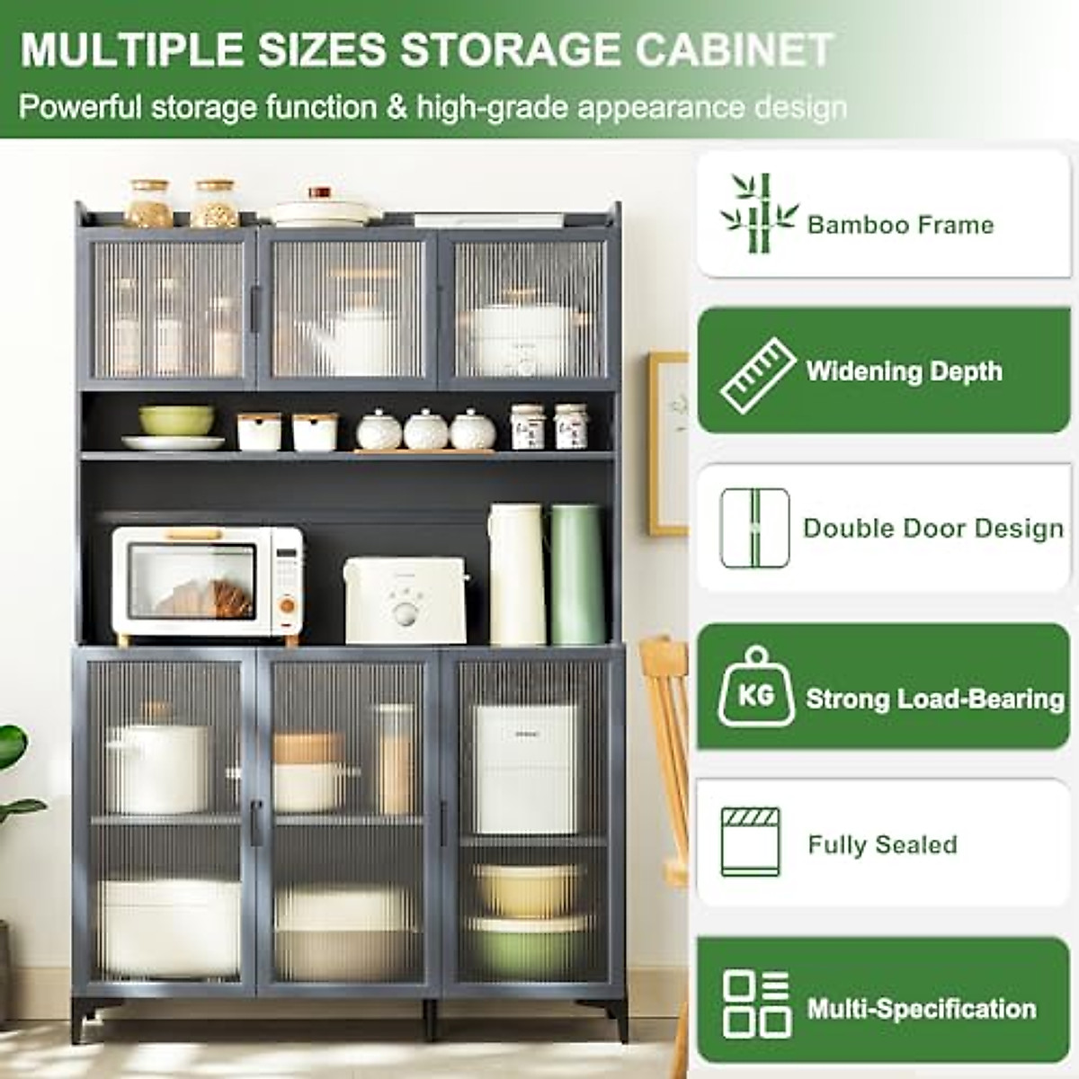 NENAGGE Kitchen Pantry Storage Cabinet, 69" Freestanding Microwave Cupboard with Double Doors ＆ Acrylic Translucent Window, Buffet with Hutch for Living Room, Dining Room,176×116cm/69×46in