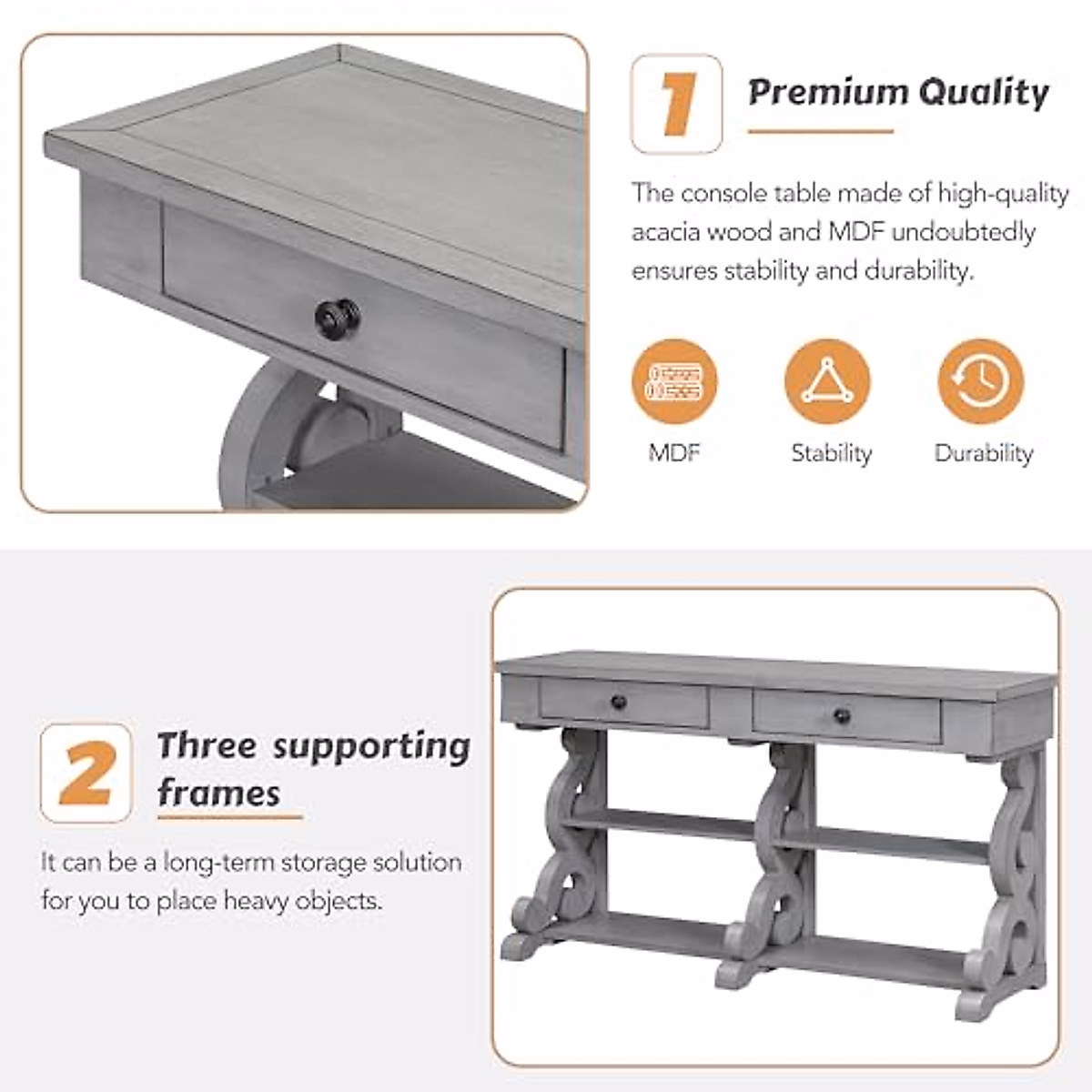 Brabrety Rustic Console Table Sideboard with Ample Storage, Open Shelves and Drawers,for Entrance Dinning Room Living Room (Antique Gray@Storage)