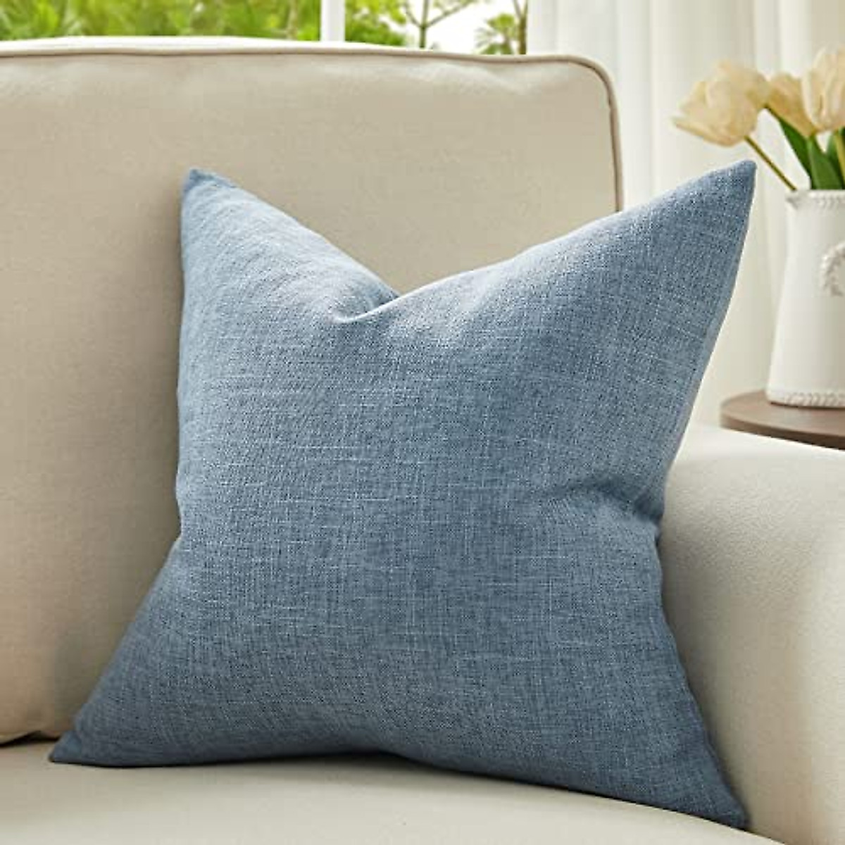 Anickal Set of 2 Grey Blue Pillow Covers 18x18 Inch Rustic Linen Square Decorative Throw Pillow Covers for Sofa Couch Farmhouse Home Decorations