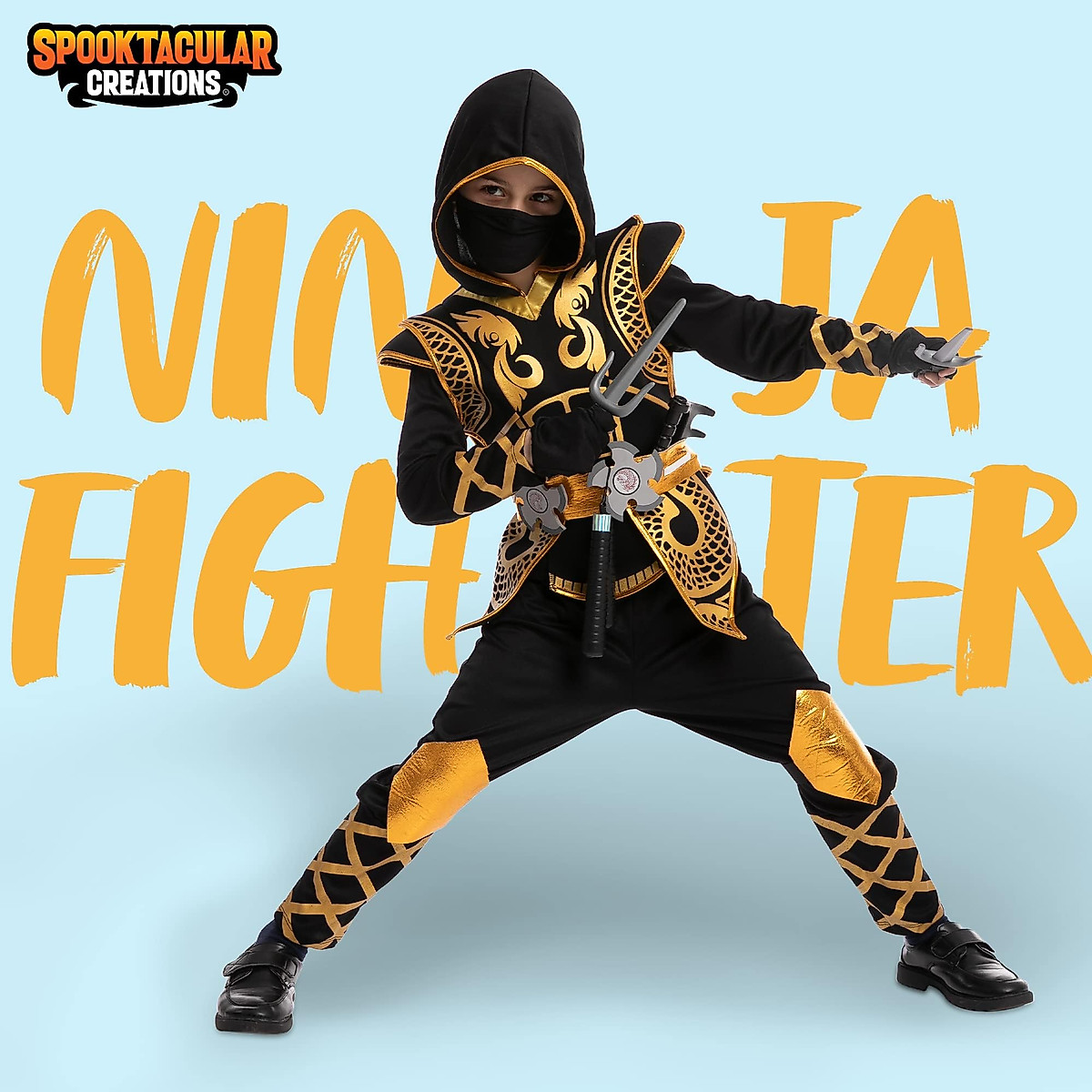 Spooktacular Creations Golden Ninja Costume Set, Ninja Jumpsuit with Foam Accessories for Kids, Toddler Halloween Outfit for Ideas Cosplay Party (X-Large, 12-14 yrs)