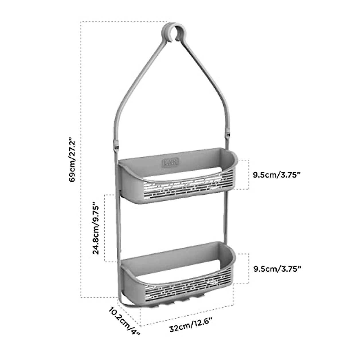 BLACK+DECKER 2-Way Convertible Hanging Anti-Swing Shower Caddy, 2 Way Adjustable Arm, Over The Door, Loofah & Razor Hooks, Storage & Organization, Large and Small Bottles and More, Grey