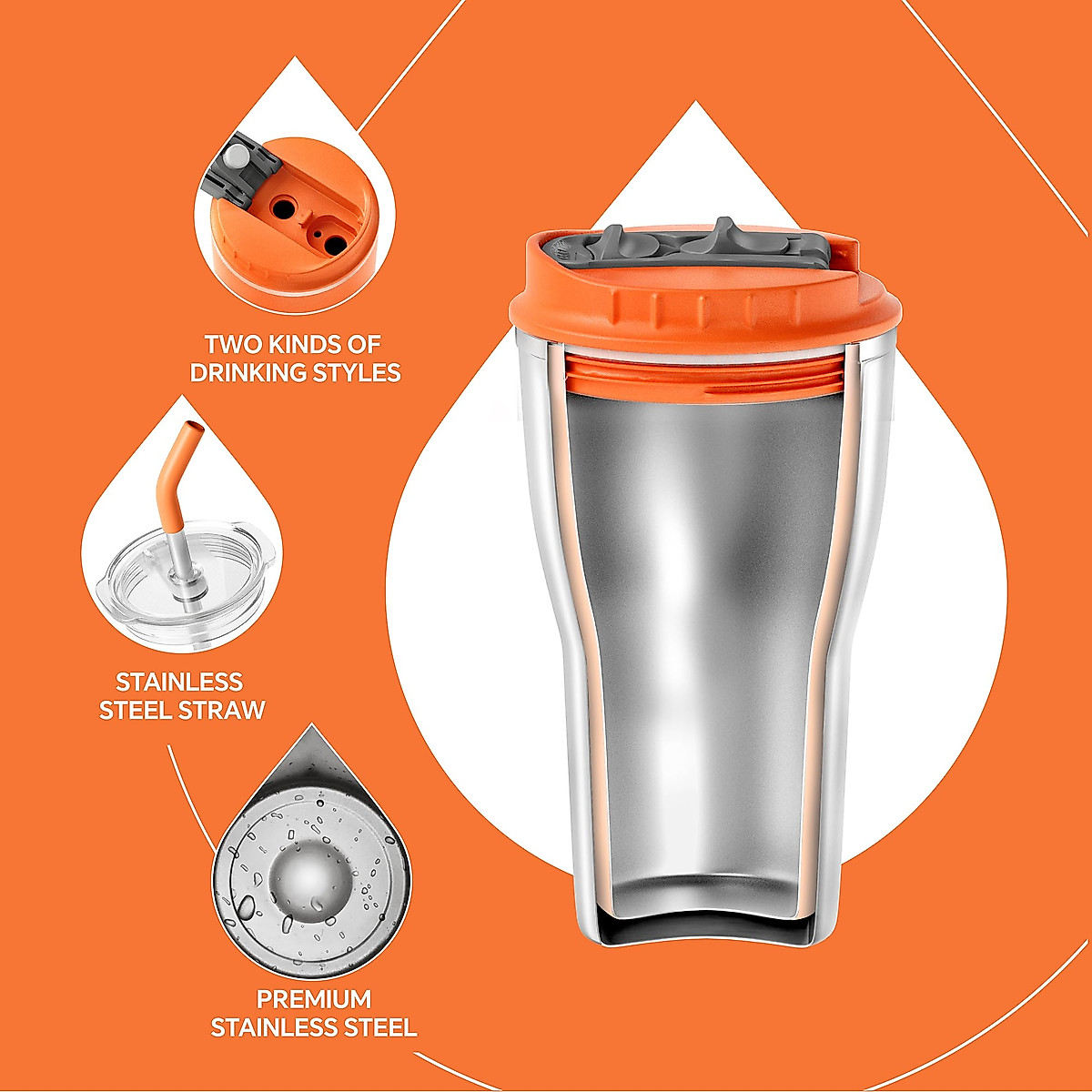 Ideus 14oz Stainless Steel Leak Proof Tumbler, Insulated Coffee Mug with Lid and Straw, Spill Proof Travel Coffee Cup, Double Wall Vacuum Flask for Adult Men and Women, Orange Tiger