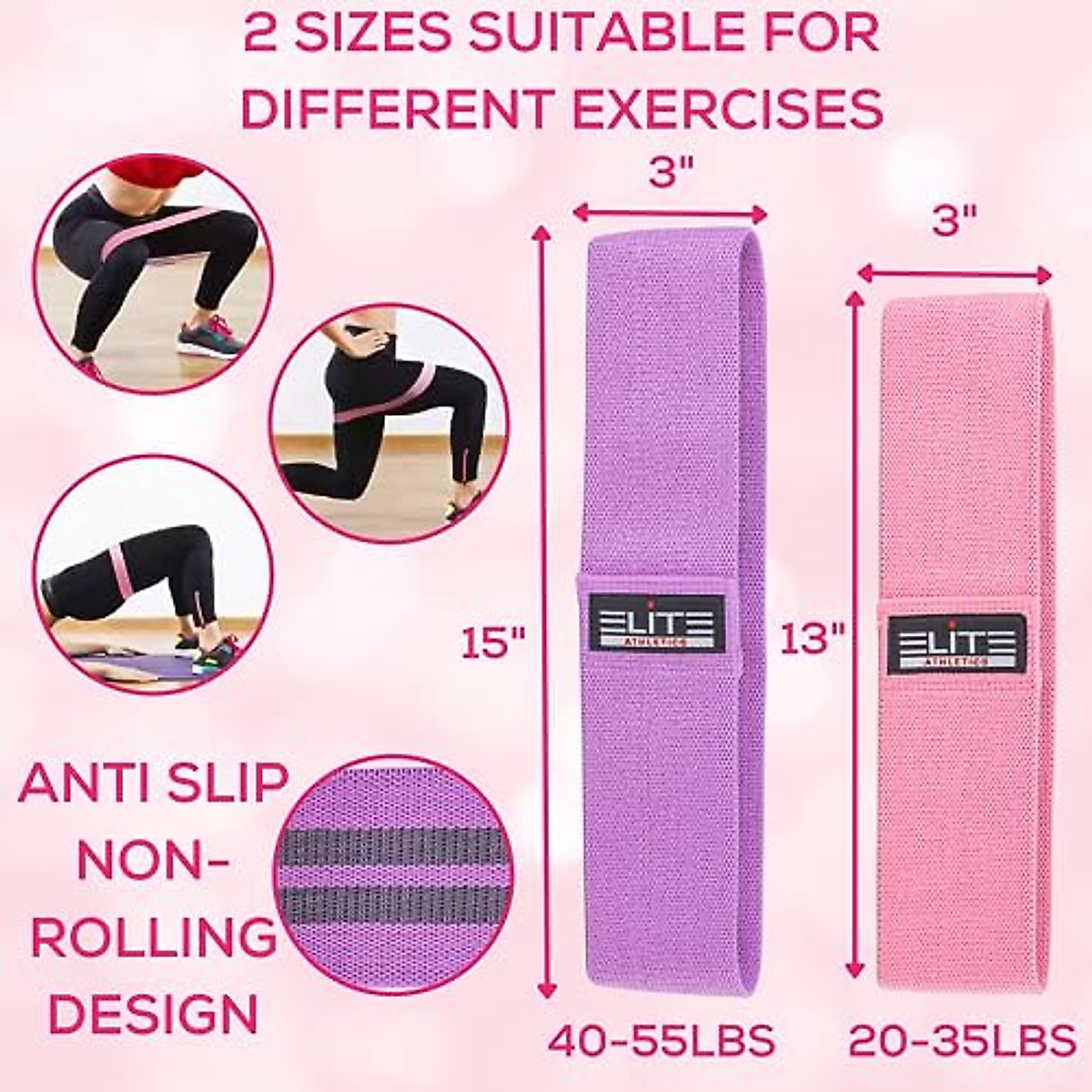 Elite Athletics Barbell Squat Pad with Secure Straps & Carry Bag for Hip Thrusts, Pair of Gym Ankle Straps for Cable Machines, 2 Hip Resistance Bands, 2 Wrist Lifting Straps (Pink)