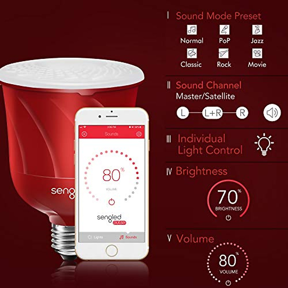 Sengled Pulse LED Smart Bulb with JBL Bluetooth Speaker, Requires Pulse Starter Kit, App Controlled Up to 8 BR30 LED Light Bulbs, E26 Base, Compatible with Amazon Alexa, Candy Apple Red