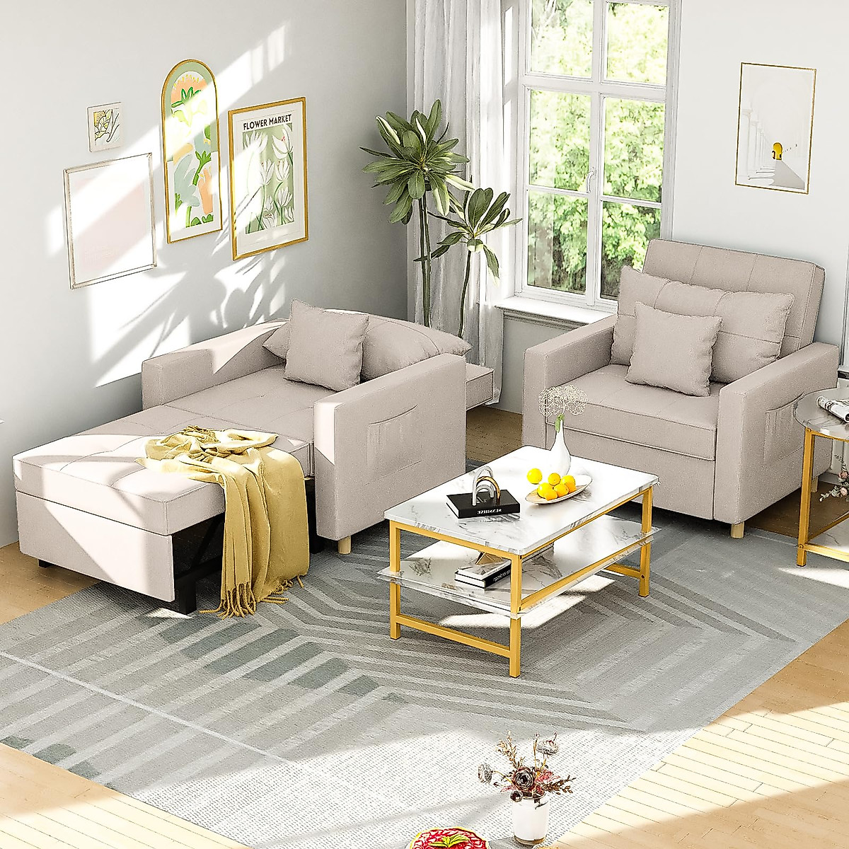 YODOLLA 38" Sleeper Chair, Extra Wide 3-in-1 Convertible Chair Bed for Adults, Pull Out Sofa Bed with Adjustable Backrest, Single Bed Chair for Space Saving, Living Room, Apartment, Beige