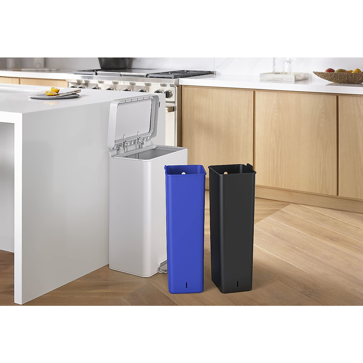 Kohler Step Trash Can, 11 Gallon Dual Compartment, White with Stainless Steel