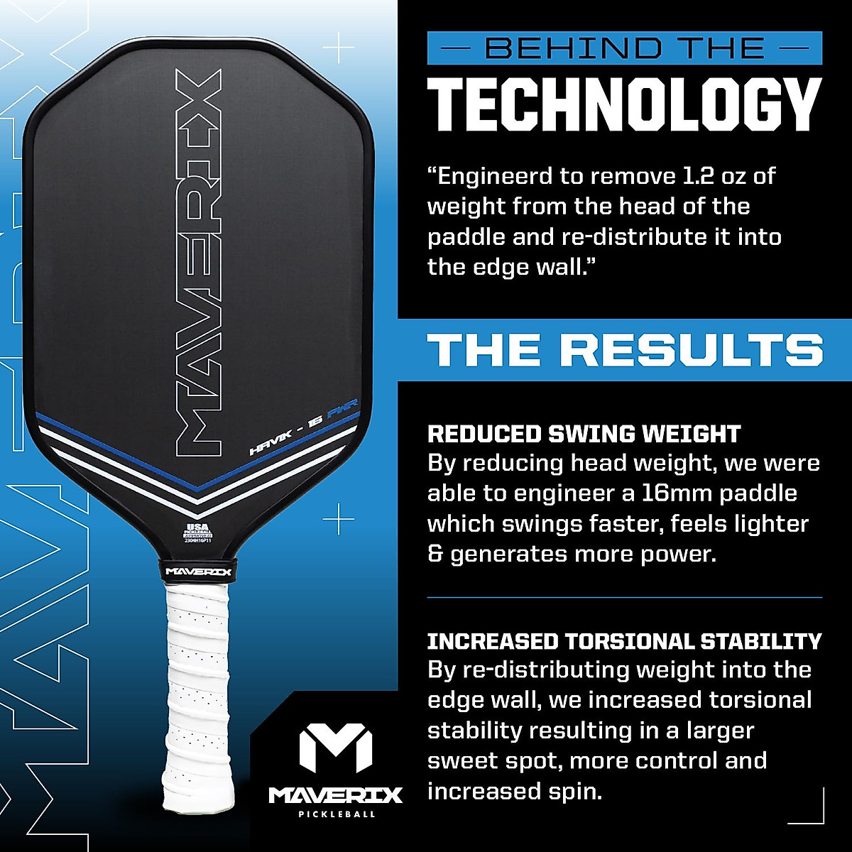 Maverix Havik -16 Professional Carbon Fiber Pickleball Paddle | Ultimate Power, Spin, and Control | Raw Carbon Fiber Design with Cover |