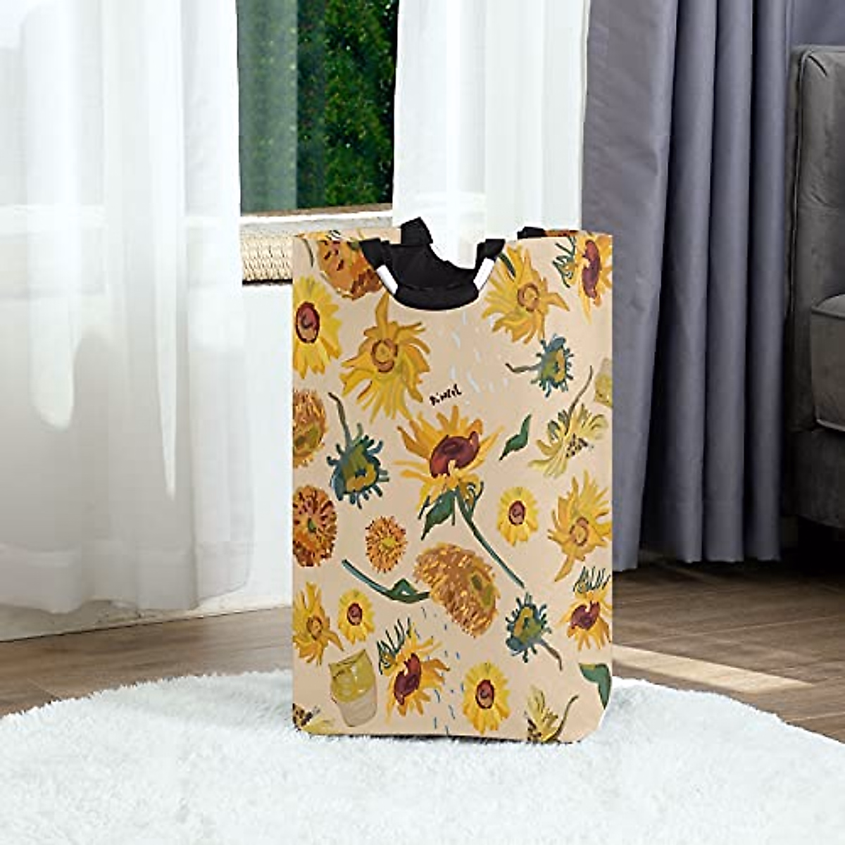Poeticcity Van Gogh Style Sunflowers Laundry Hamper Basket Bucket, Foldable Dirty Clothes Bag, Waterproof Fabric Washing Bin, Toy Storage with Handles for Bathroom Bedroom