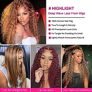 PIBERLO Highlight Ombre Lace Front Wig Human Hair 26 Inch 13X4 Deep Wave Honey Blonde Glueless Pre Plucked HD Lace Frontal Wigs 180% Density Curly Water Wave Wigs