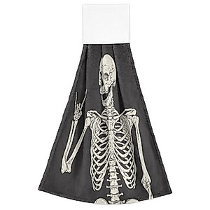 Halloween Human Skeleton Hanging Kitchen Towels 2 Pieces Skull Rock and Roll Dish Cloth Tie Towels Hand Towel Tea Bar Towels for Bathroom Farmhous Housewarming Tabletop Home Decor