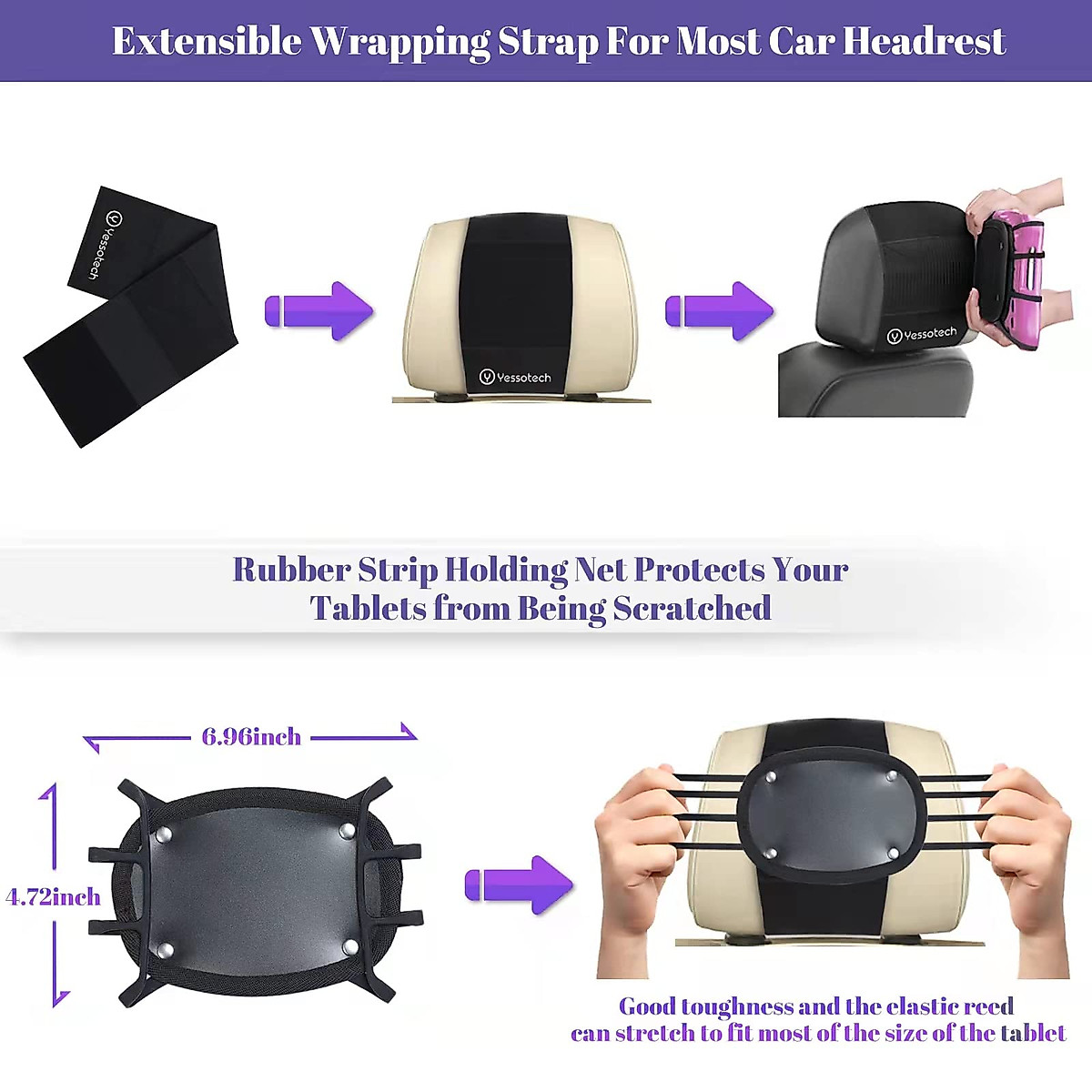 Yessotech Tablet Holder for Car,Ipad Holder for Car Back Seat,Adjustable Headrest Tablet Holder,Ipad Car Mount Compatible with 7-12.9" Tablets ipad for Kids Women Man