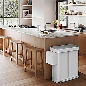 simplehuman Large Kitchen Double Trash Can with Lid, Touchless, Recycle Bin + Waste Basket, 58 Liter / 15.3 Gallon, White Stainless Steel