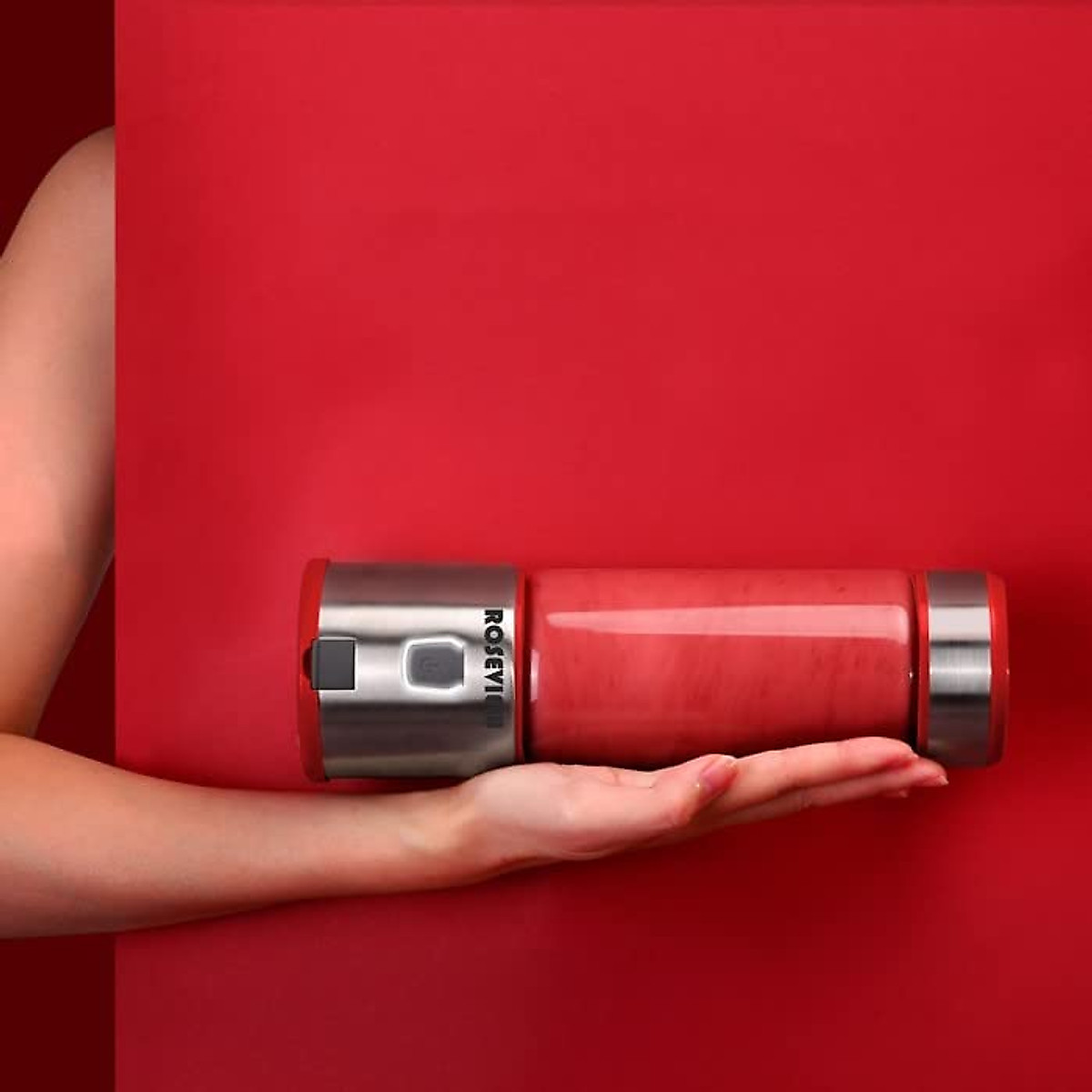 Smoothie blender Portable ROSEVIEW Glass bottle Mini rechargeable Handheld Ice crushing Shakes Cup USB juicer Cordless Personal smoothies maker Fruit mixer Juice sport travel healthy smoothy (Red Steel)