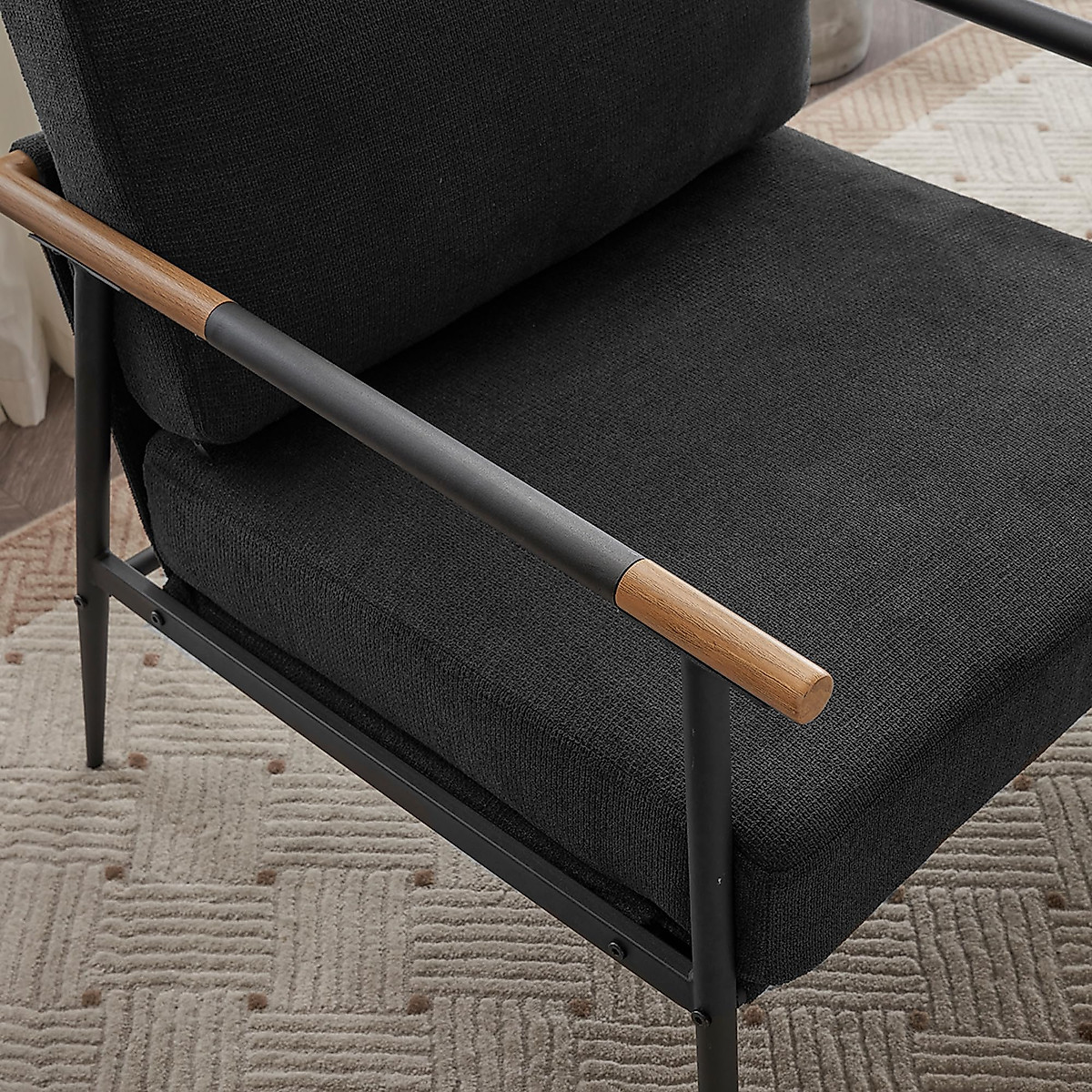 Penifun Modern Chic Accent Metal Frame, Upholstered Chenille Living Room Chairs with Removable Seat & Back Cushion, Comfy Leisure Lounge Reading Side Armchair for Bedroom, Black