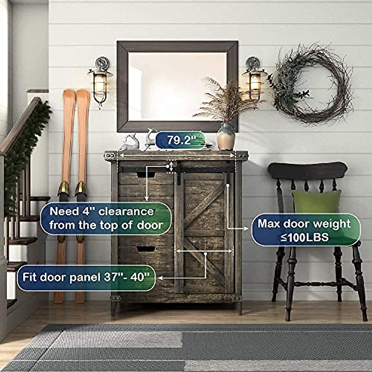 Hahaemall Heavy Duty Metal Steel Black Super Mini Sliding Barn Door Hardware Track Roller Kit Hanging TV Stand Cabinet System（6.6FT Single kit）（NO Cabinet）