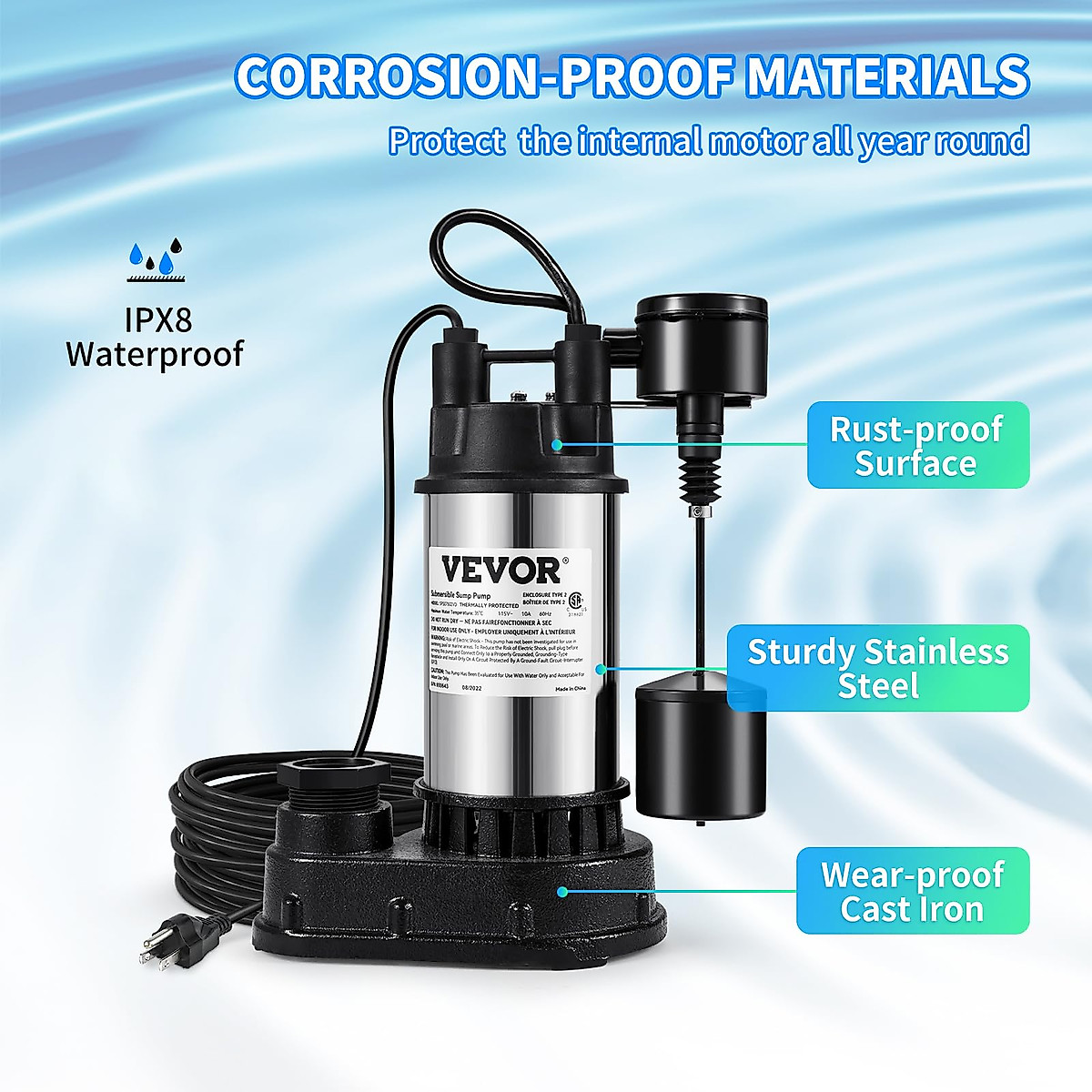 VEVOR 1.5 HP Submersible Cast Iron and Steel Sump Pump, 6000 GPH Submersible Water Pump with Integrated Vertical Float Switch, for Basement Water Basin and Flooding Area