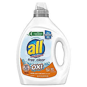 all Liquid Laundry Detergent, Free Clear for Sensitive Skin with OXI, Unscented and Hypoallergenic, 2X Concentrated, 90 Loads