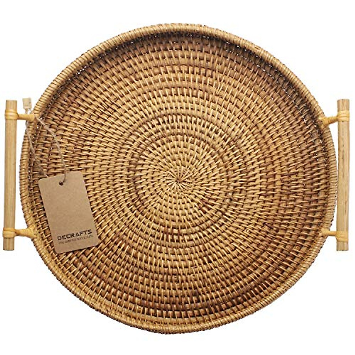 DECRAFTS Rattan Round Serving Tray Wicker Woven Bread Basket with Handles for Cracker Dinner Parties Coffee Table Breakfast (Natural 12.6 inches)