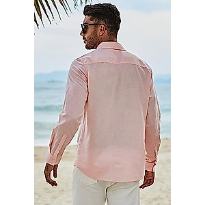 JMIERR Mens Cotton Linen Casual Stylish Button-Down Shirt Long Sleeve Business Plain Dress Shirts Old Money Aesthetic Shirts for Men,US50(2XL),B Pink